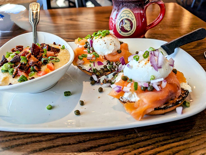 The City Grits Benedict arrives like breakfast royalty&mdash;perfectly poached eggs and salmon creating a morning masterpiece worth savoring.