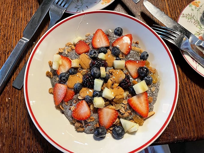 Breakfast that's both virtuous and delicious! Fresh berries, nuts, and fruit transform this chia bowl into a colorful morning masterpiece worth waking up for.