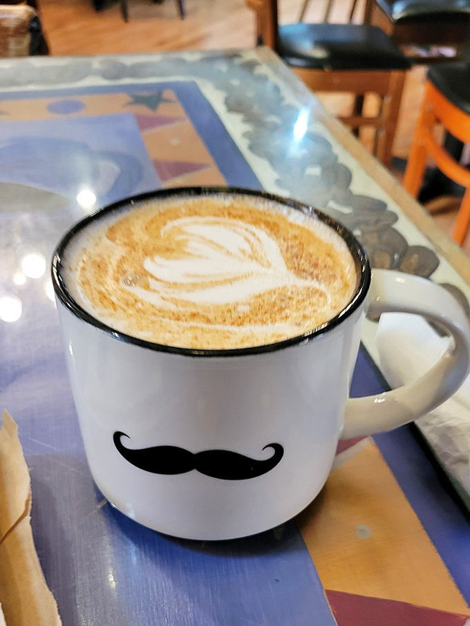 Even the coffee mugs have personality here. That mustache isn't judging your third cup&mdash;it's encouraging it.