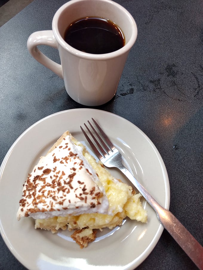 Coffee and banana cream pie: the power couple that puts Brad and Angelina to shame. Note the sprinkle of chocolate &ndash; even perfection can be improved.