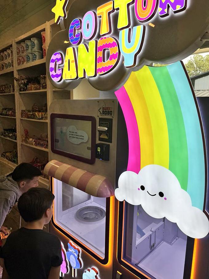Not just candy, but entertainment! This cotton candy machine brings rainbow-colored clouds of sugar to life under the watchful eyes of mesmerized young customers.