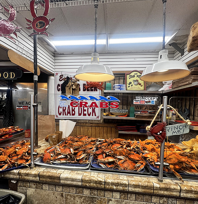 Maryland's famous crabs make an appearance at the market. These beautiful orange specimens are the state's culinary calling card&mdash;no Old Bay required in this photo.