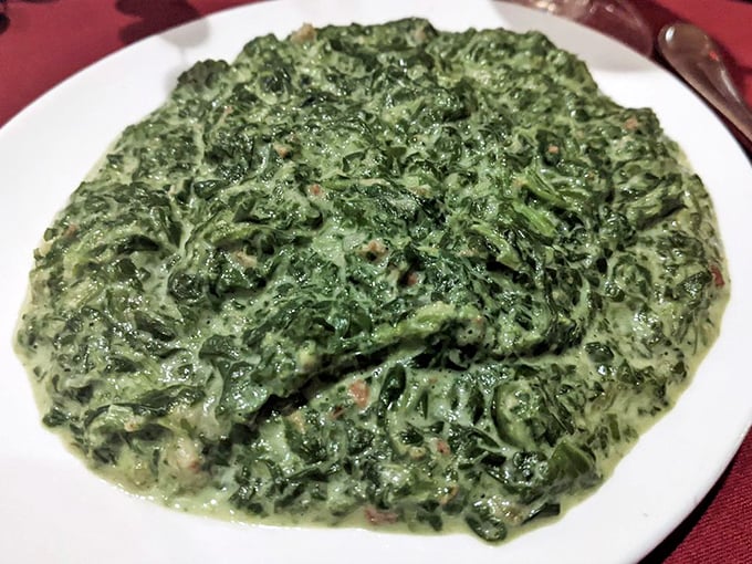The creamed spinach: Popeye's ultimate fantasy and your new vegetable benchmark. Somehow both sophisticated and comforting simultaneously.