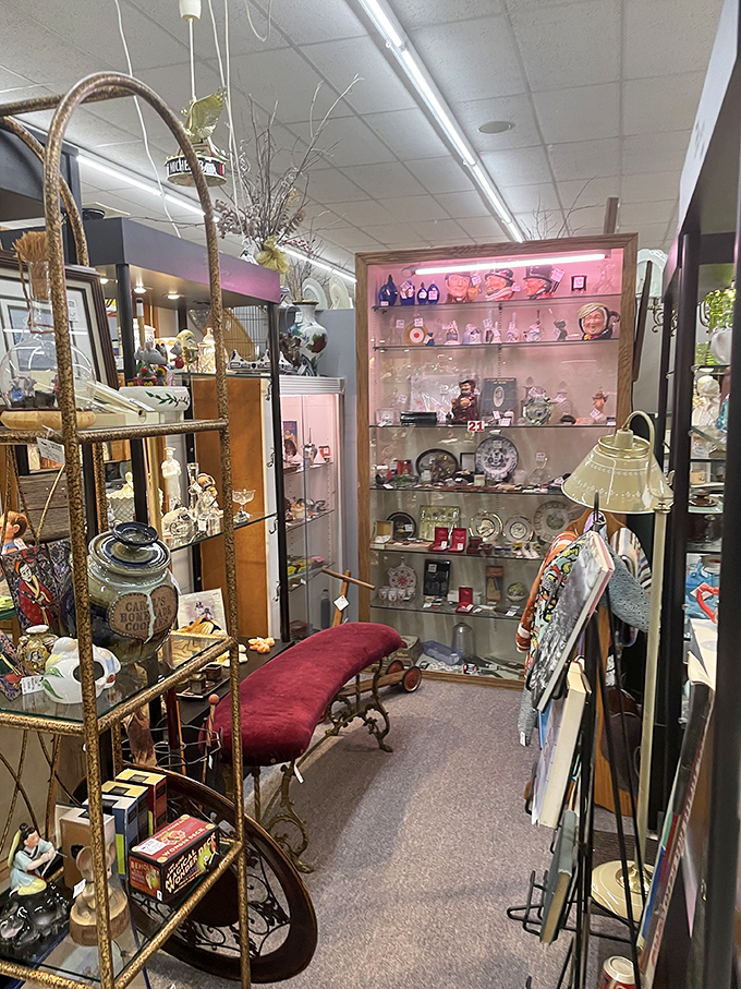 Glass cabinets protecting treasures that survived decades of history. Each tiny figurine and salt shaker has outlived several smartphone generations.