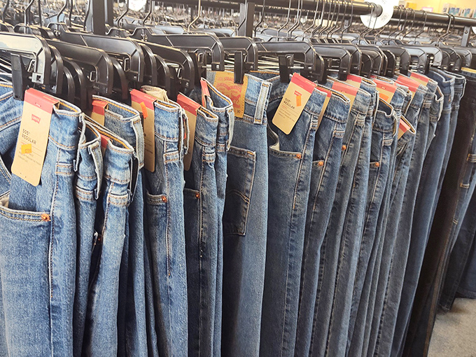 Denim dreams come true with rows of jeans waiting for their forever homes. Fashion meets function at fraction of the cost.