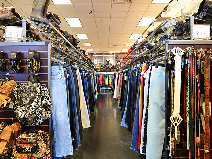 Denim alley&mdash;where jeans of all persuasions hang in perfect formation. Someone else already did the hard work of breaking them in.