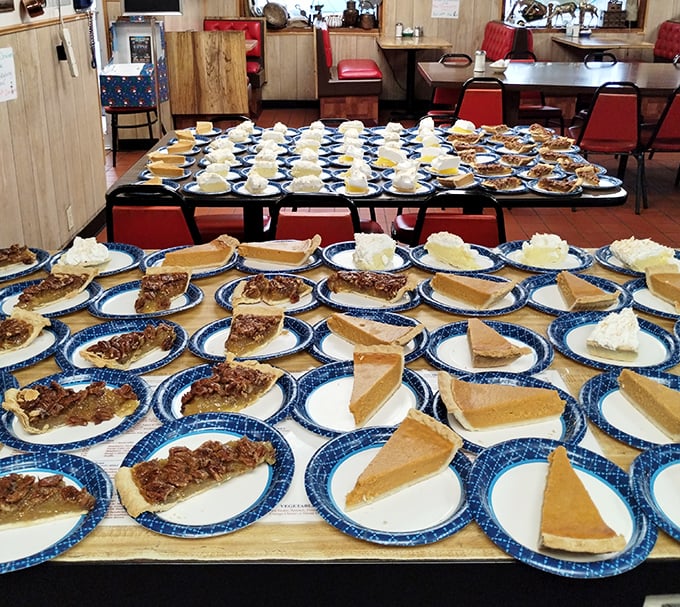 The pie spread that makes you question whether breakfast should actually be your second meal of the day. Sweet temptation in blue-rimmed plates.