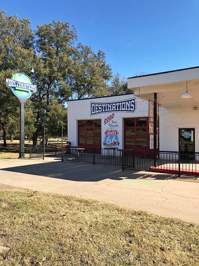 "Destinations" indeed&mdash;this pristine white building with its classic red doors promises Route 66 treasures for road-weary travelers.