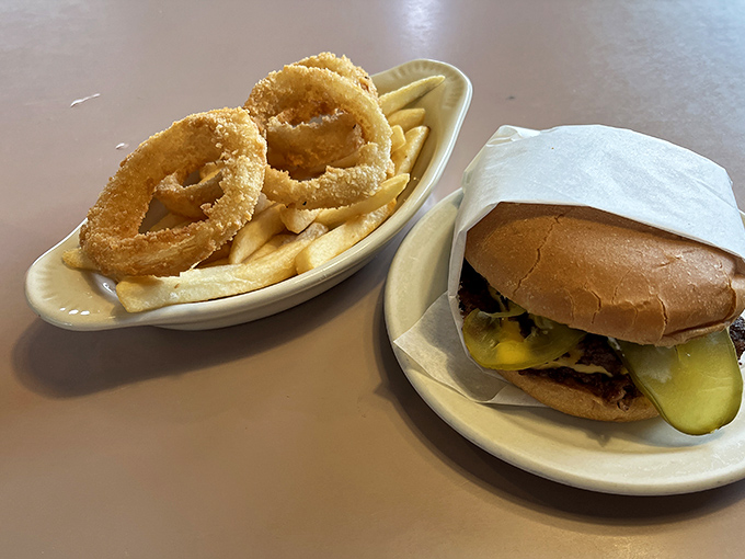 The double cheeseburger and onion rings combo&mdash;where thin, crispy-edged patties meet golden hoops of onion in a partnership that would make cupid jealous.