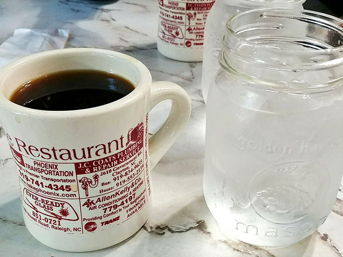Coffee served in mugs with local business ads&mdash;the original social network for Raleigh regulars long before Facebook was a glimmer in Zuckerberg's eye.