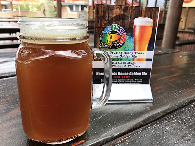 The house golden ale arrives in a mason jar that could double as a bicep workout, perfect for washing down those hefty portions.