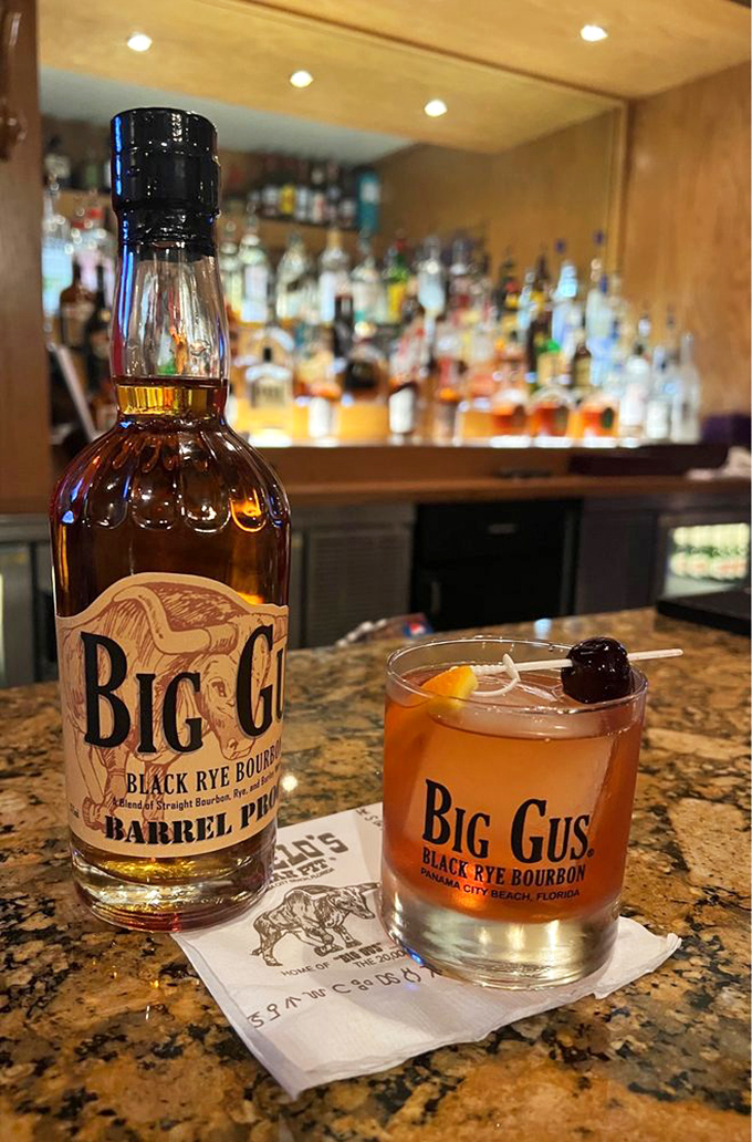 The Big Gus bourbon isn't just a drink&mdash;it's a supporting character in your dinner story. That amber liquid and perfectly garnished cocktail say "vacation mode: activated."