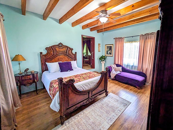 Sleeping like royalty isn't just an expression here. This blue-walled chamber with its antique bed and plush chaise lounge redefines Southern comfort.