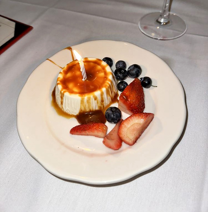 A sweet finale worth saving room for &ndash; caramel-drizzled flan with fresh berries that makes you question your lifelong allegiance to chocolate.