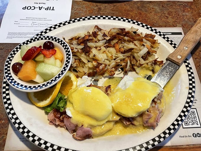 Eggs Benedict: where hollandaise sauce flows like liquid gold over ham and English muffins. Breakfast's answer to formal wear.