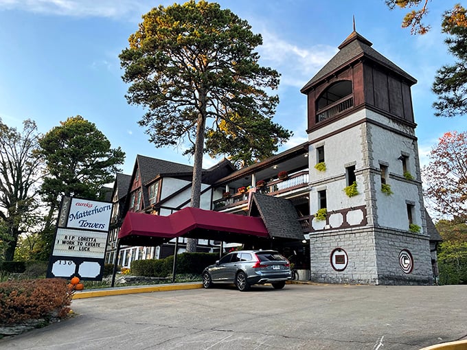 The Matterhorn Towers combines European alpine charm with Ozark hospitality, its distinctive tower standing sentinel over the forested hills like a fairy tale castle.
