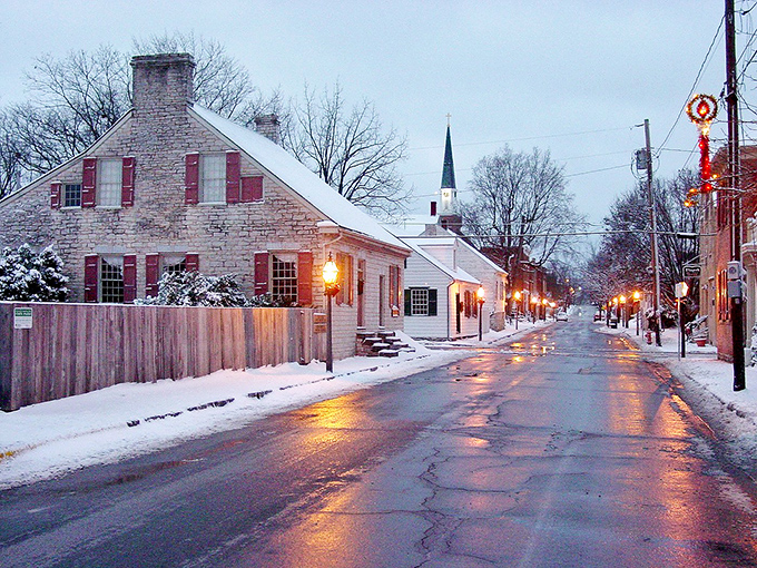Winter transforms Ste. Genevieve into a Hallmark movie come to life. Snow-dusted historic buildings and warm glowing windows create the perfect small-town holiday scene.