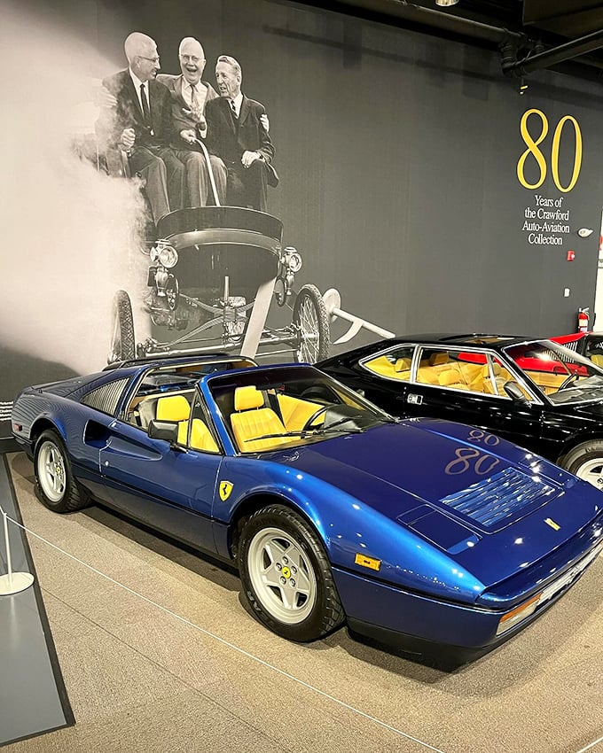 This stunning blue Ferrari looks ready to leap off its pedestal and tear through the Italian countryside, yellow interior screaming "bella vita!"