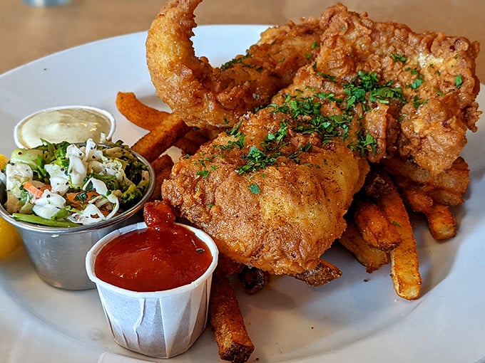 Golden-battered fish and chips that would make a British pub jealous, with a slaw that adds just the right amount of crunch to each bite. 