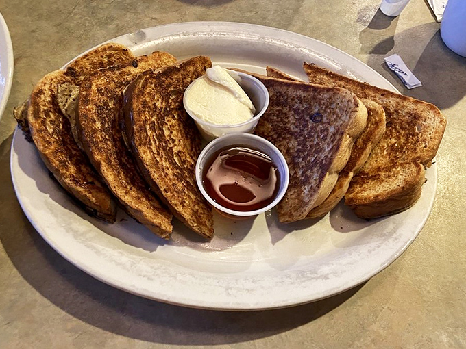French toast that's achieved the golden-brown perfection that home cooks attempt every Sunday morning and rarely achieve.