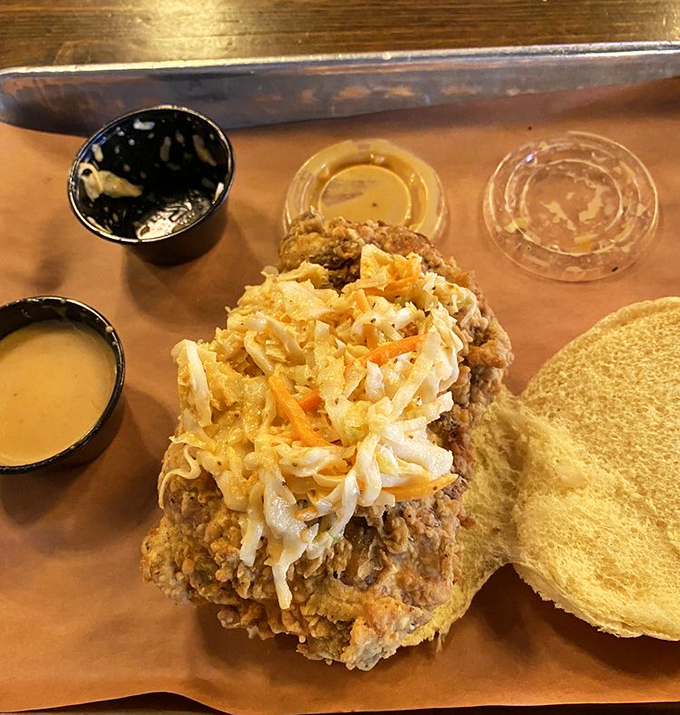 Fried chicken with slaw and cornbread—the holy trinity of Southern comfort that somehow found its way to Connecticut.