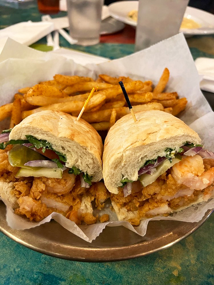 A po' boy that's actually living quite rich&mdash;golden-fried shrimp spilling out of Gambino's bread with the confidence of a French Quarter street performer.