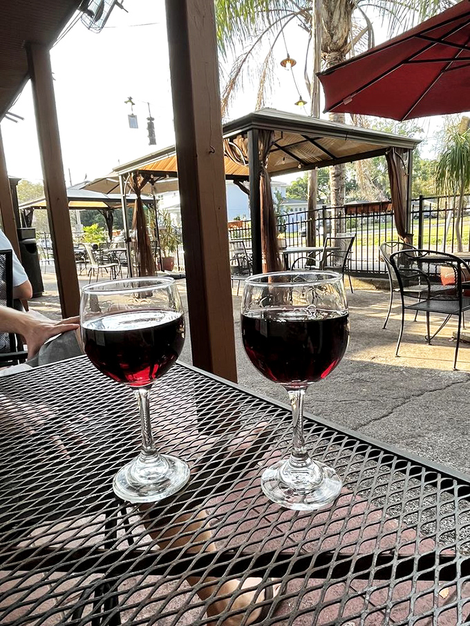 Two glasses of red wine catching the afternoon light&mdash;because sometimes adulting means pairing your sandwich with something other than chocolate milk.
