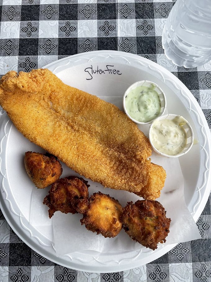 "Gluten-Free" written right on the plate&mdash;accommodation without compromise. That golden crust still promises all the flavor.