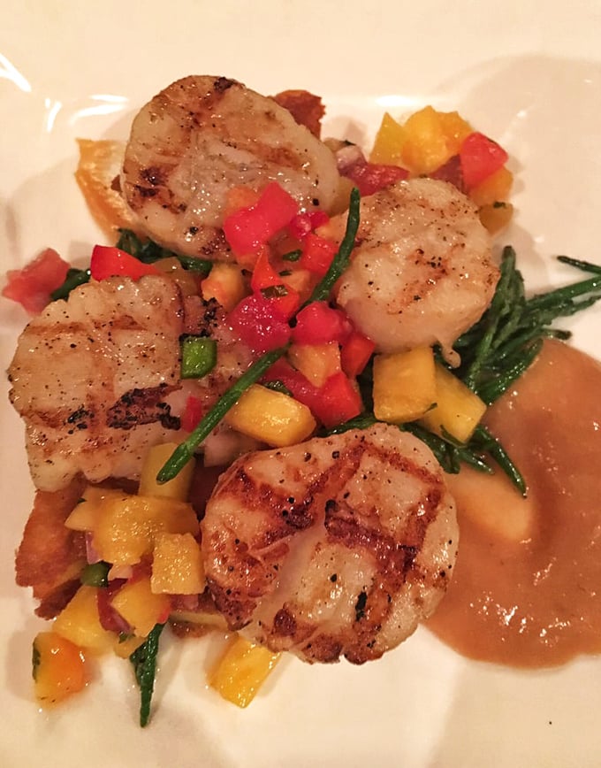 Scallops seared to golden perfection, nestled beside vibrant green beans. The plate composition is as artistic as those aristocratic pet portraits.