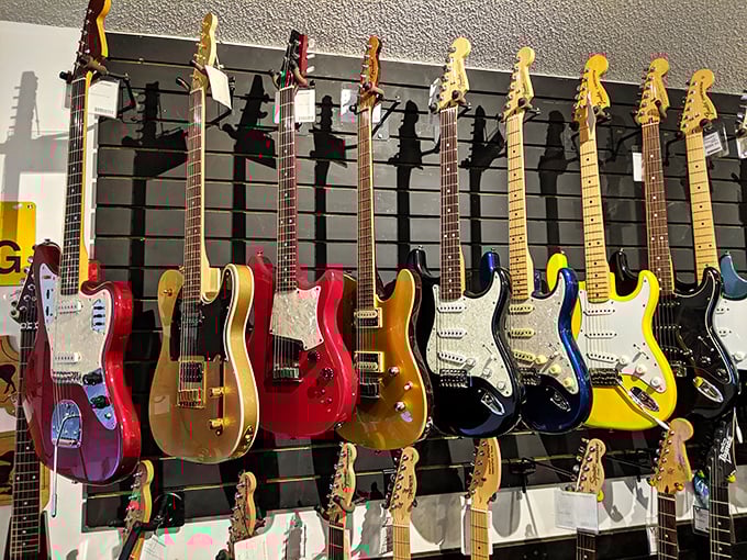 A rainbow of electric guitars that could tell tales of garage bands, teenage dreams, and that one almost-famous moment.
