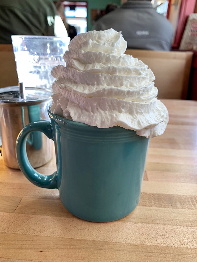 That's not just hot chocolate&mdash;it's a whipped cream skyscraper in a turquoise mug that makes Swiss Miss look like she's not even trying.