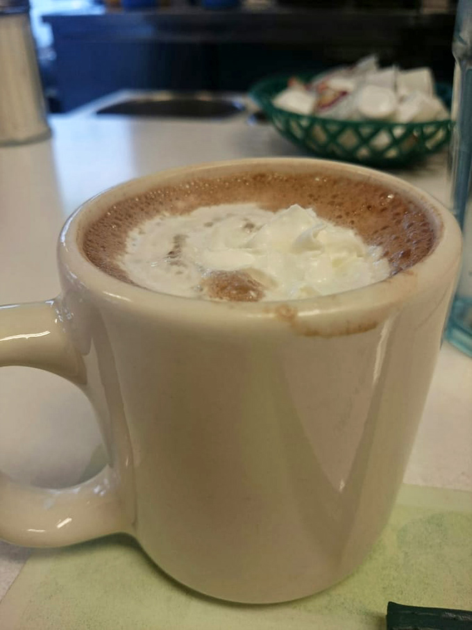 This isn't just hot chocolate; it's a warm hug in ceramic form, complete with whipped cream hat.