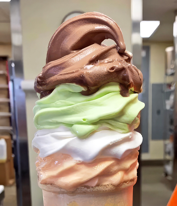 Ice cream stacked like modern art. Four distinct layers of frozen joy that somehow manage to make adults feel like excited kids again.