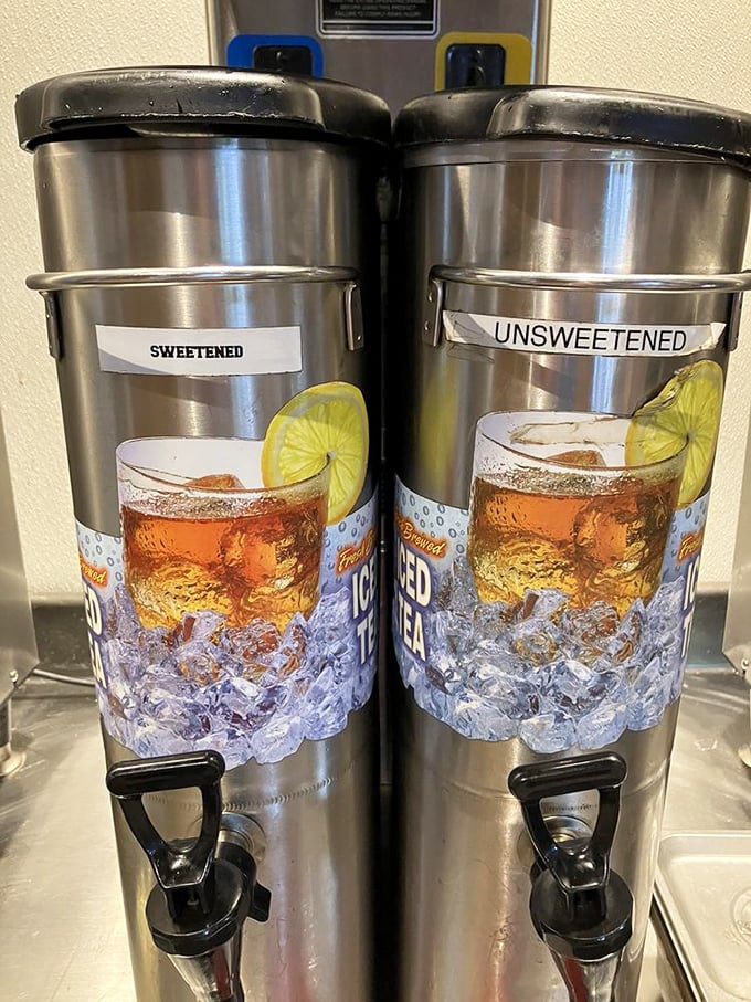 Sweet tea dispensers standing at attention like sentries guarding liquid gold. The perfect counterbalance to all that savory goodness.