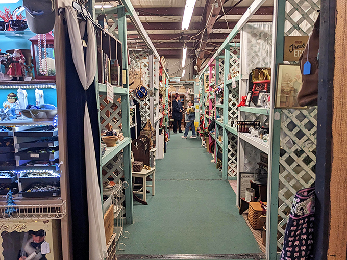 The lattice dividers create a charming neighborhood effect, where each vendor's space feels like visiting a different collector's home.