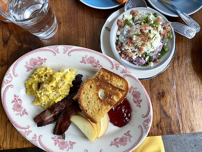 Classic breakfast done right&mdash;crispy bacon, golden toast, and eggs that remind you why simple food requires extraordinary skill.