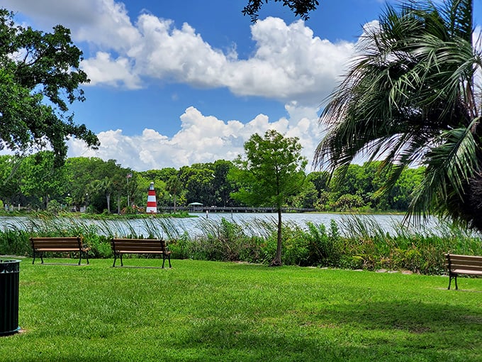 Park benches facing the lighthouse offer front-row seats to Florida's best show: a sunset that doesn't charge admission or have a gift shop.
