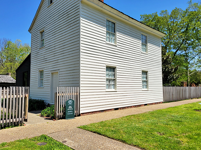 White clapboard simplicity at its finest&mdash;this preserved Harmonist home showcases the community's commitment to functional, unadorned living spaces.