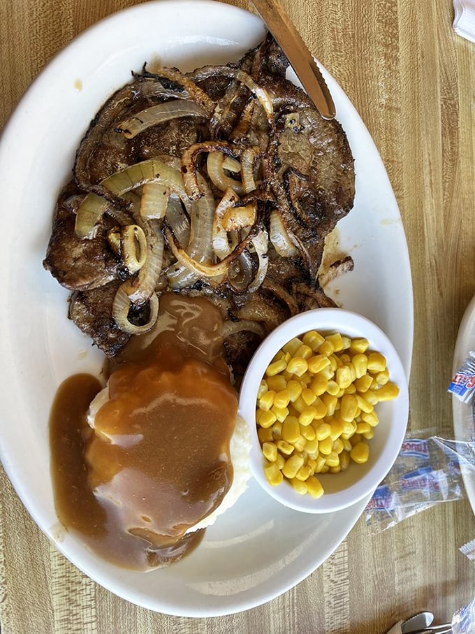 Liver and onions with perfectly caramelized rings, mashed potatoes swimming in gravy, and corn&mdash;a plate that would make your Depression-era grandparents nod with approval.