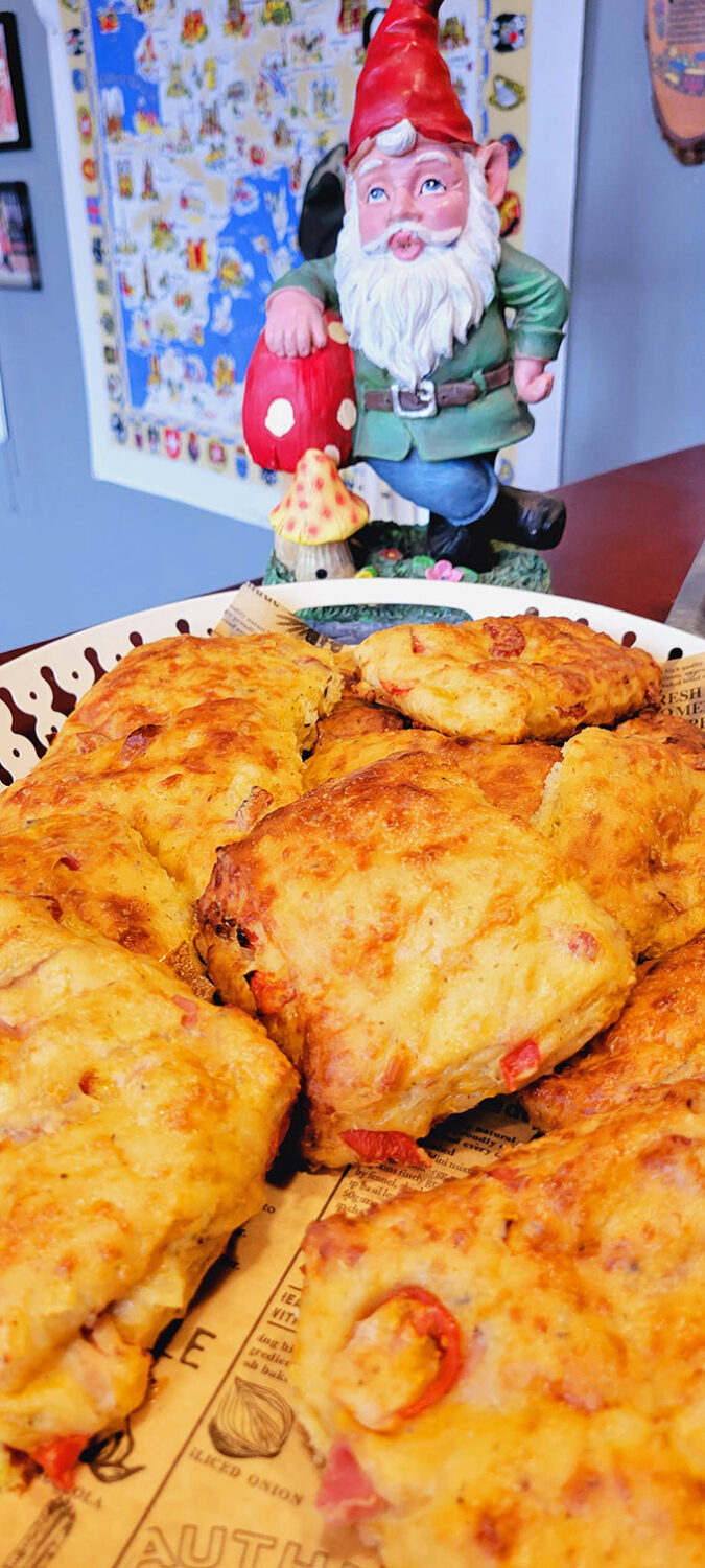 Garden gnome approved! These savory biscuits look like what would happen if a scone and a pizza had a delicious love child.
