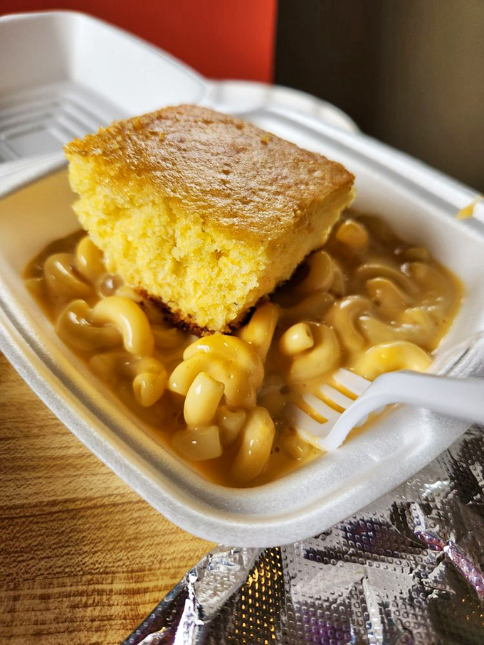 Comfort food mathematics: golden cornbread + creamy mac and cheese = the Southern equivalent of a warm hug on a plate.