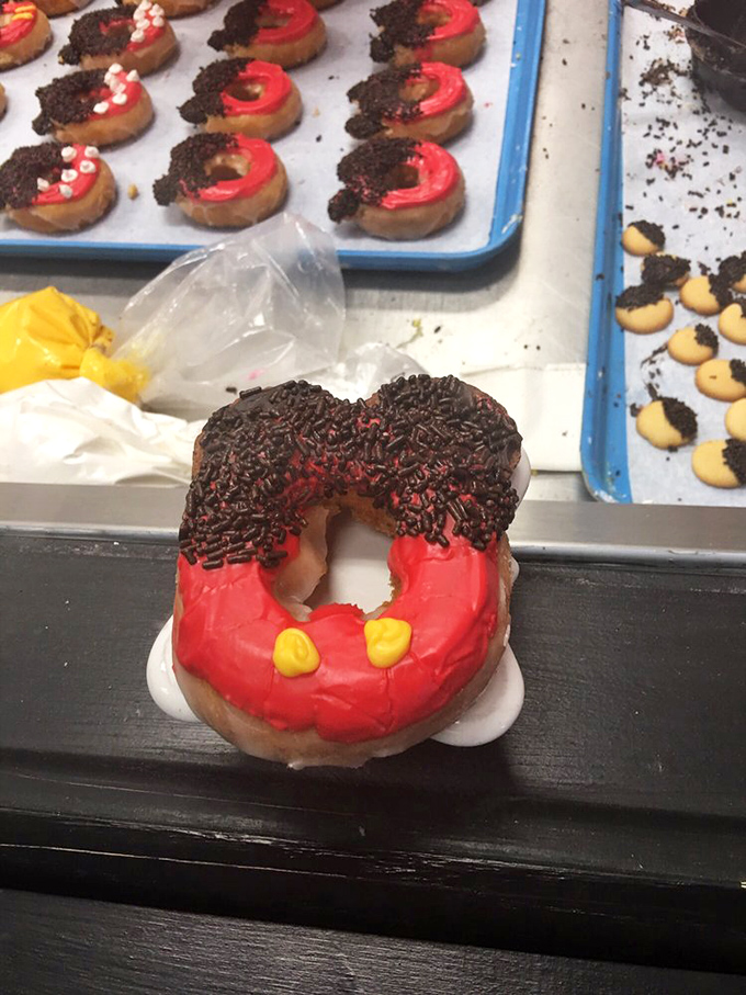 Mickey goes punk rock with this bold red and chocolate sprinkle interpretation. Disney meets delicious in this whimsical character creation.
