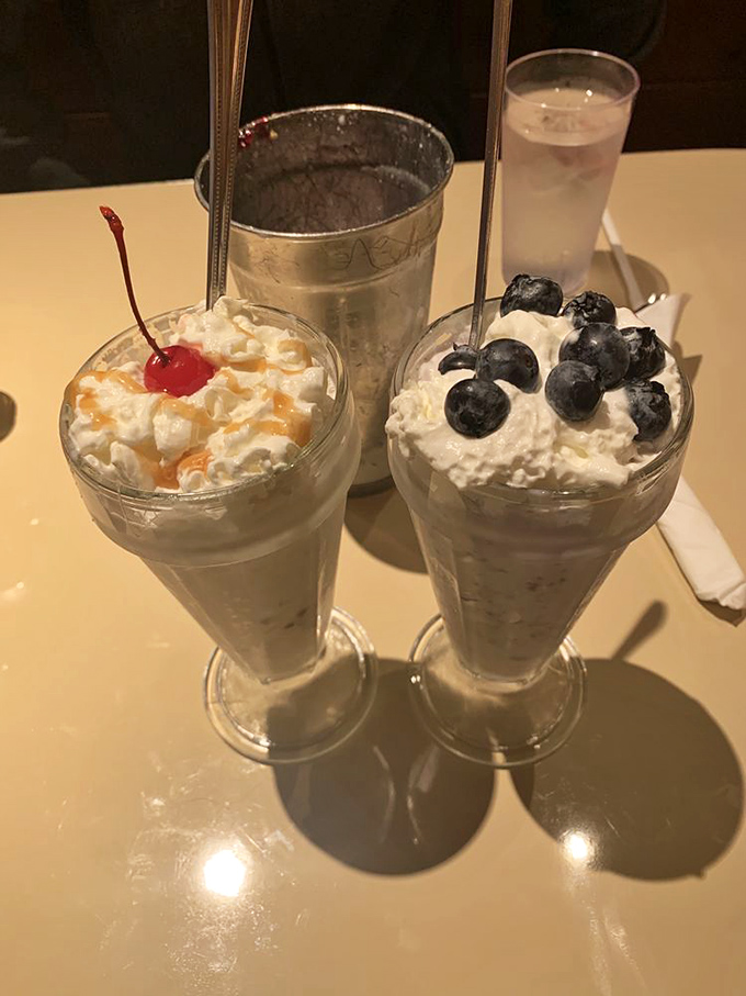 Milkshakes so thick they defy gravity. One topped with blueberries, the other with cherry&mdash;both making a compelling case for dessert at any hour.