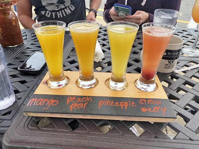 The mimosa flight that turns "just coffee, please" into "why not start with champagne?" Four distinct flavors that make adulting before noon actually enjoyable.