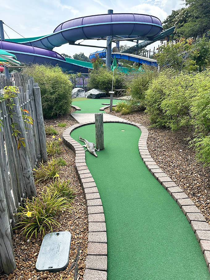Mini-golf with a view &ndash; putt your way through lush landscaping while water slides tower overhead in a perfect pairing of dry and wet fun.