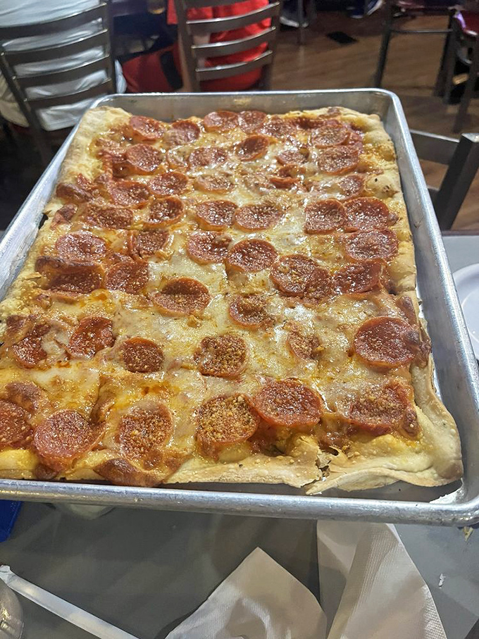 Square-cut pepperoni pizza with crispy edges and melty cheese makes a compelling case that American Legion halls have been hiding culinary treasures.