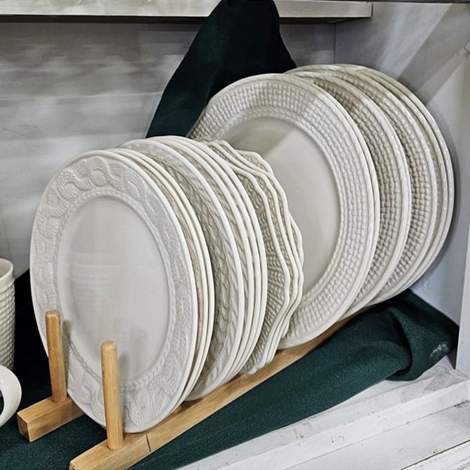 White plates with texture and character&mdash;because dinner tastes better when served on dishes that have already witnessed countless family gatherings.