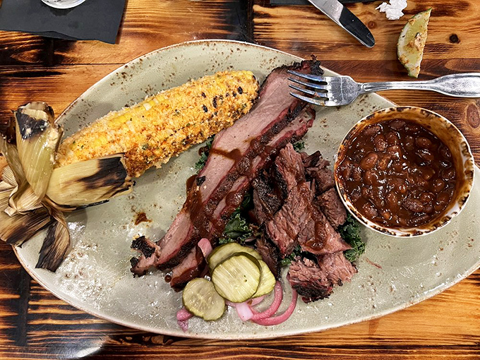 A barbecue plate that makes you want to take a moment of silence before diving in. Respect the meat, savor the sides.