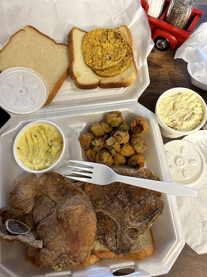 Southern harmony on a plate&mdash;smoky pork chops with the supporting cast of classic sides. No foodie pretension, just honest-to-goodness satisfaction.