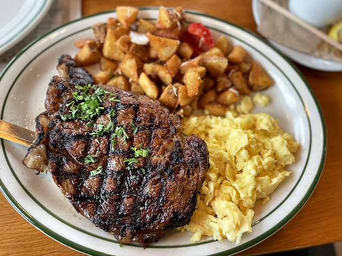 That prime rib eye isn't just breakfast&mdash;it's morning therapy. The eggs and potatoes are just there to make it socially acceptable to eat steak at 9 AM.